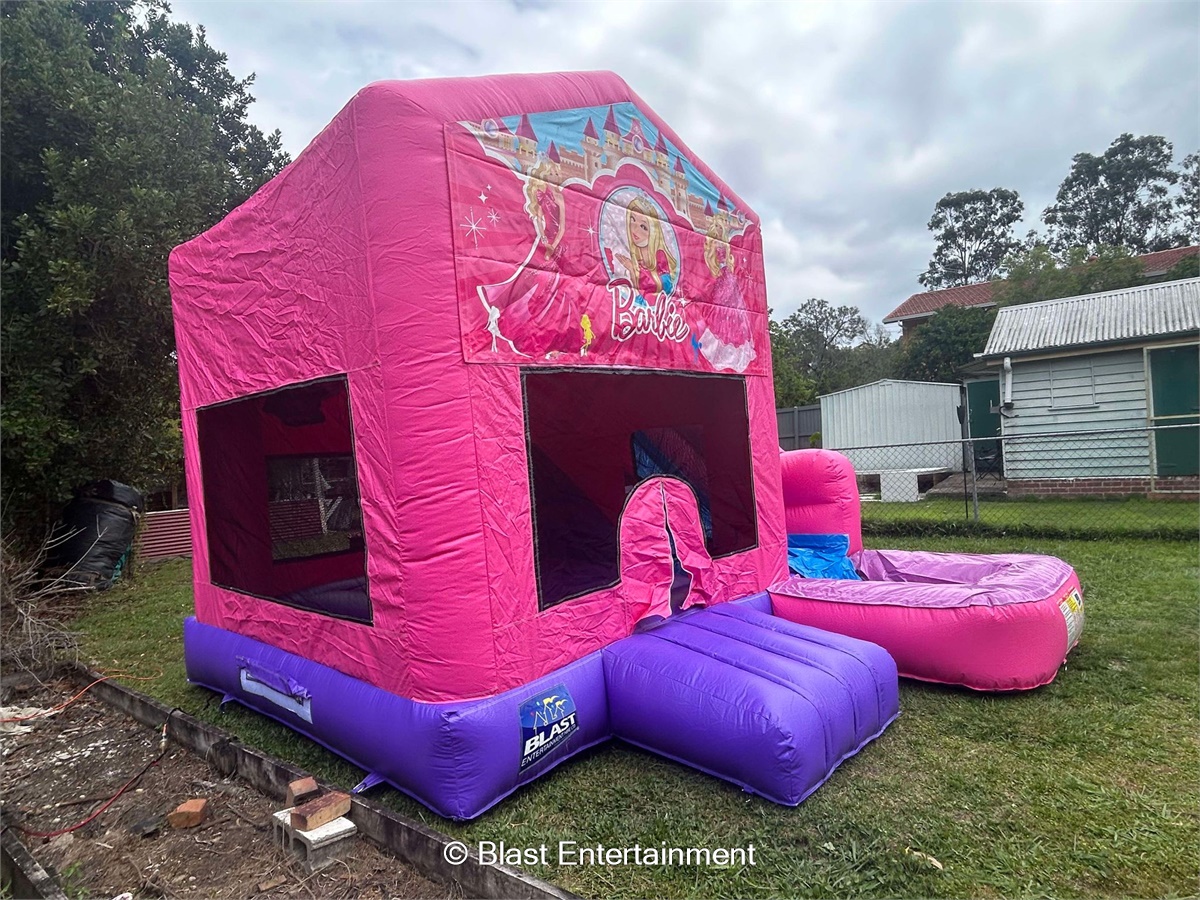 👸 4x5 Slide Pink Barbie Jumping Castle - Jumping Castle Hire in ...