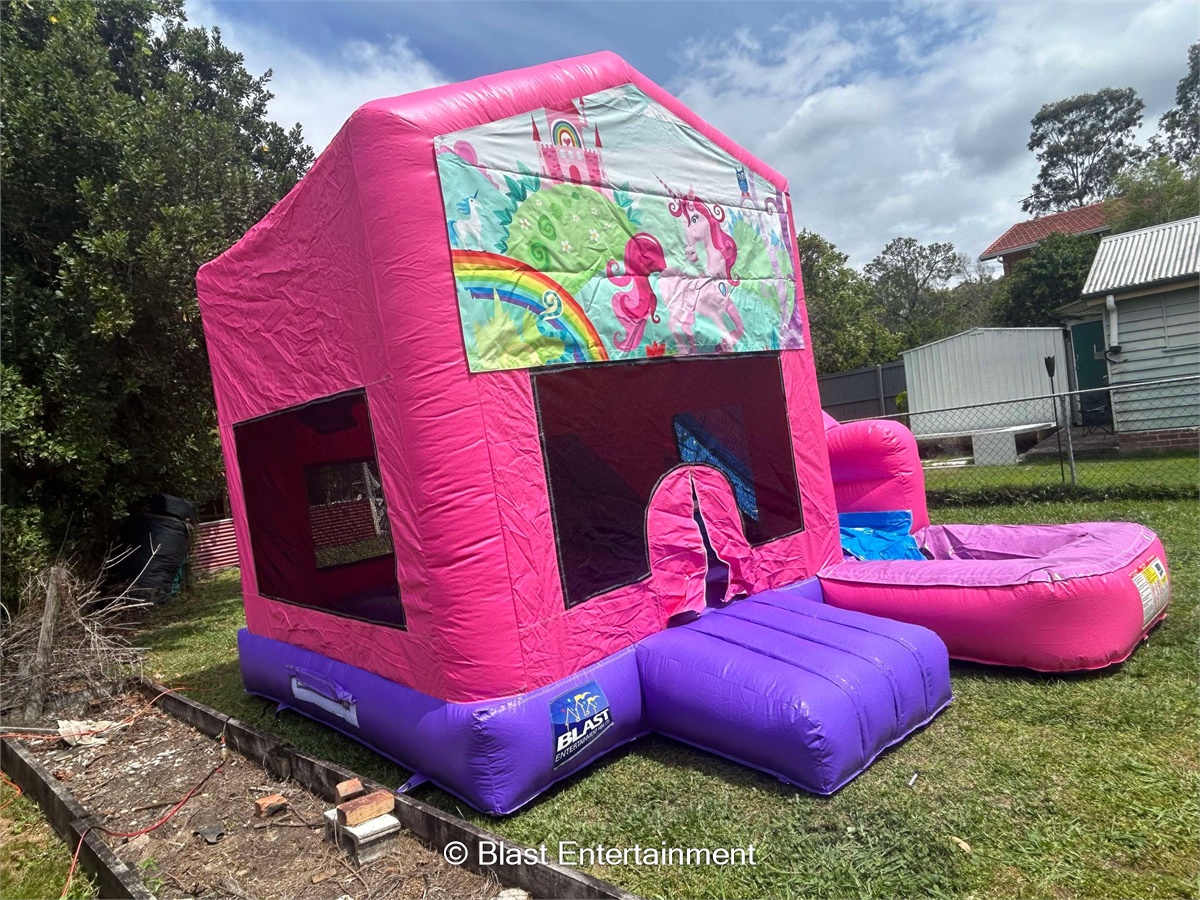 🦄 4x5 Slide Pink Unicorn Jumping Castle - Jumping Castle Hire in ...